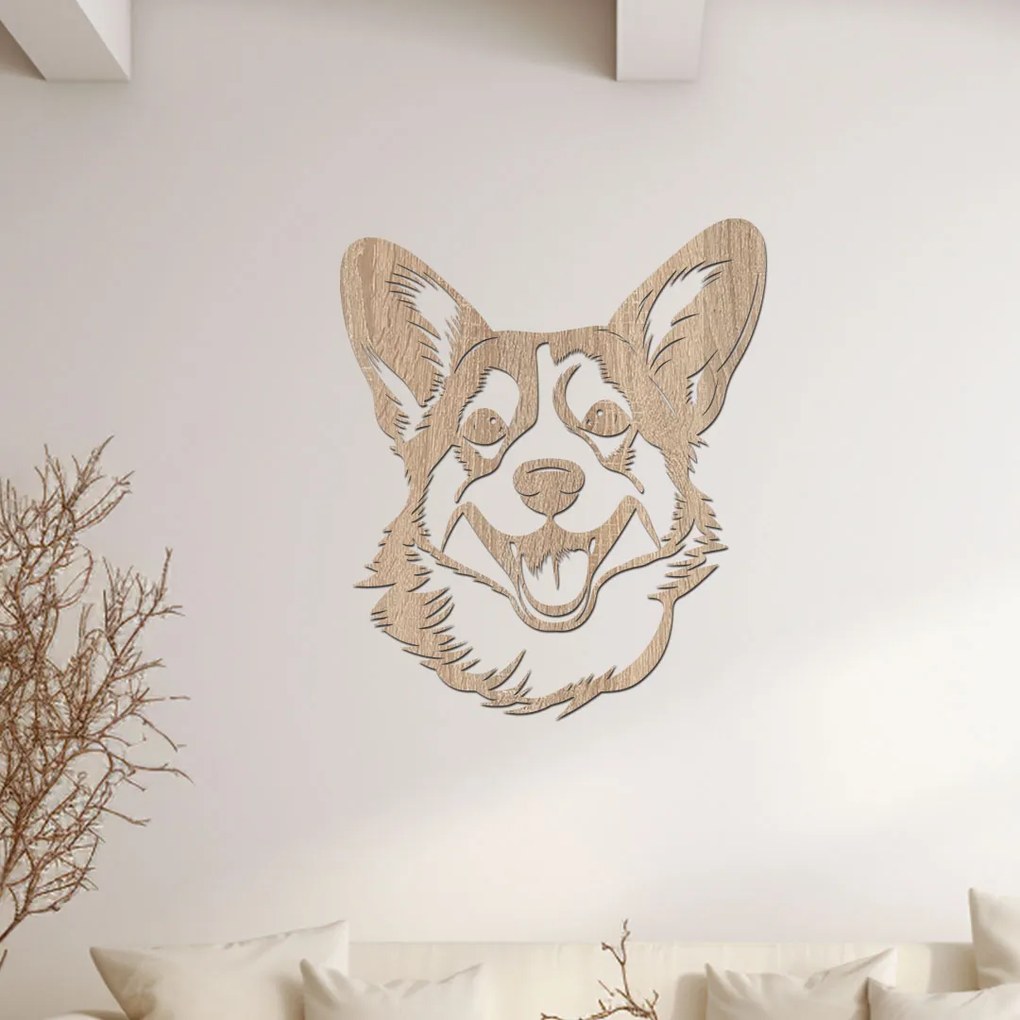 dřevo života Dřevěná dekorace na stěnu psa Corgi hlava Zvolte rozměr (cm): 34x40, Zvolte barvu dekoru: Dub zlatý