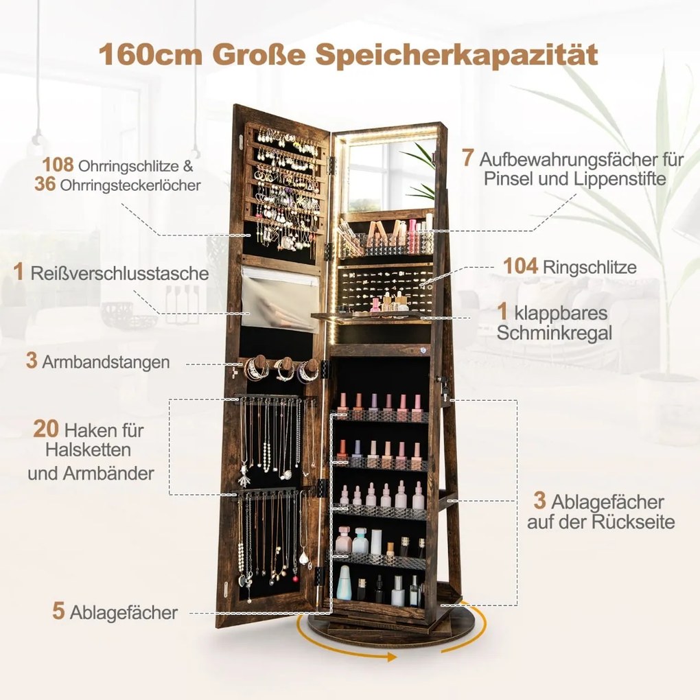 Costway Šperkovnice se zrcadlem Šperkovnice zrcadlová skříňka s nastavitelnými