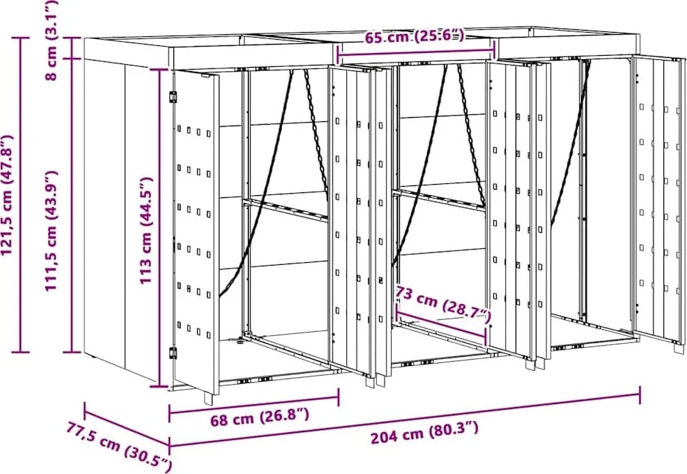 vidaXL Úložný box na 3 popelnice Světle šedá 204 x 77,5 x 121,5 cm [3394749]