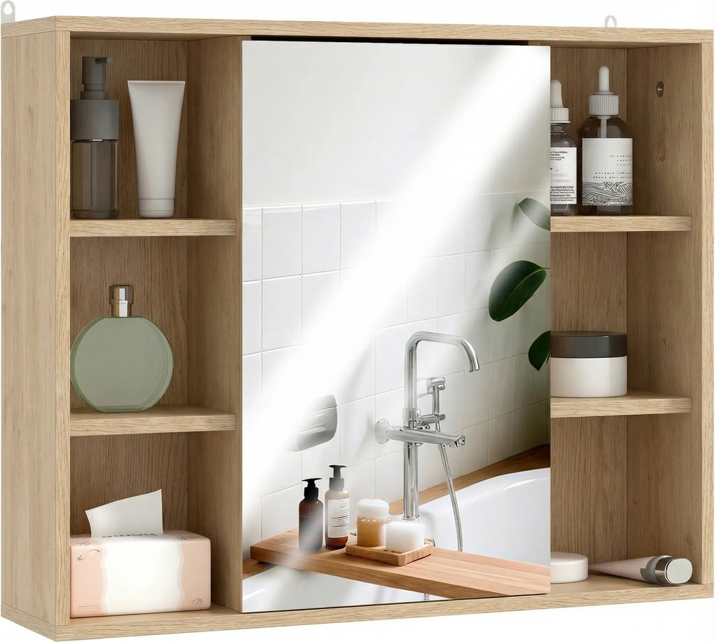 HOMCOM Závěsná zrcadlová skříňka do koupelny — 6 otevřených polic a zrcadlové dveře, přírodní dřevo, 60 × 14,5 × 49,4 cm (23,6 × 5,7 × 19,4 in)