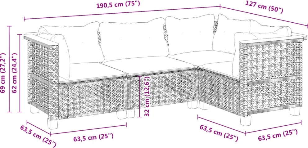 4dílná zahradní sedací souprava s poduškami černá polyratan 3261800