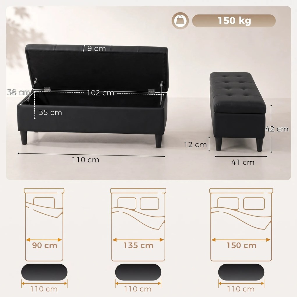 HOMCOM lavice s úložným prostorem 136L, velký úložný puf 110x41x42 cm, vhodný pro domácí mazlíčky, umělá kůže, černá