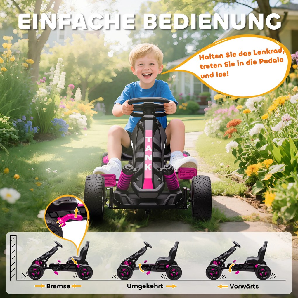 AIYAPLAY Gokart s pedály, šlapací auto pro děti s brzdou, protiskluzová kola, kovový rám, 3-6 let, růžová