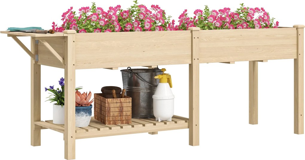 Vyvýšený zahradní záhon Outsunny s nohama, zahradní květináč s 2 výsadbovými boxy, skládací policí a spodní policí, 207 x 59 x 78 cm, přírodní dřevo |