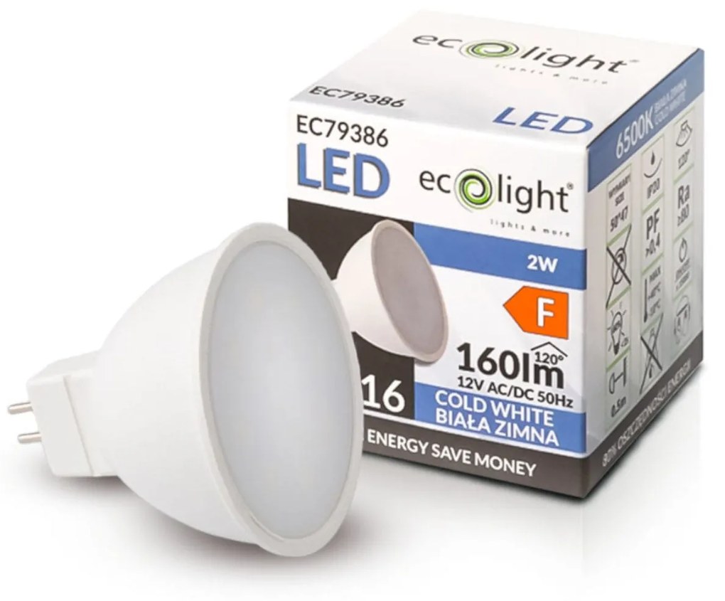 ECOLIGHT LED žárovka MR16 12V 2W studená bílá