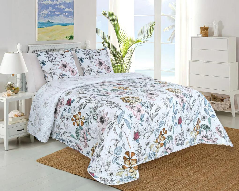 Jahu Přehoz na postel MEADOW květinový vzor, modro-růžový, 220x240cm, dvoulůžkový + 2x povlak 45 x 45cm