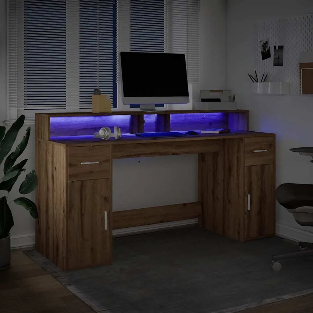 Psací stůl s LED dub artisan 160 x 55 x 91 cm kompozitní dřevo 3309437
