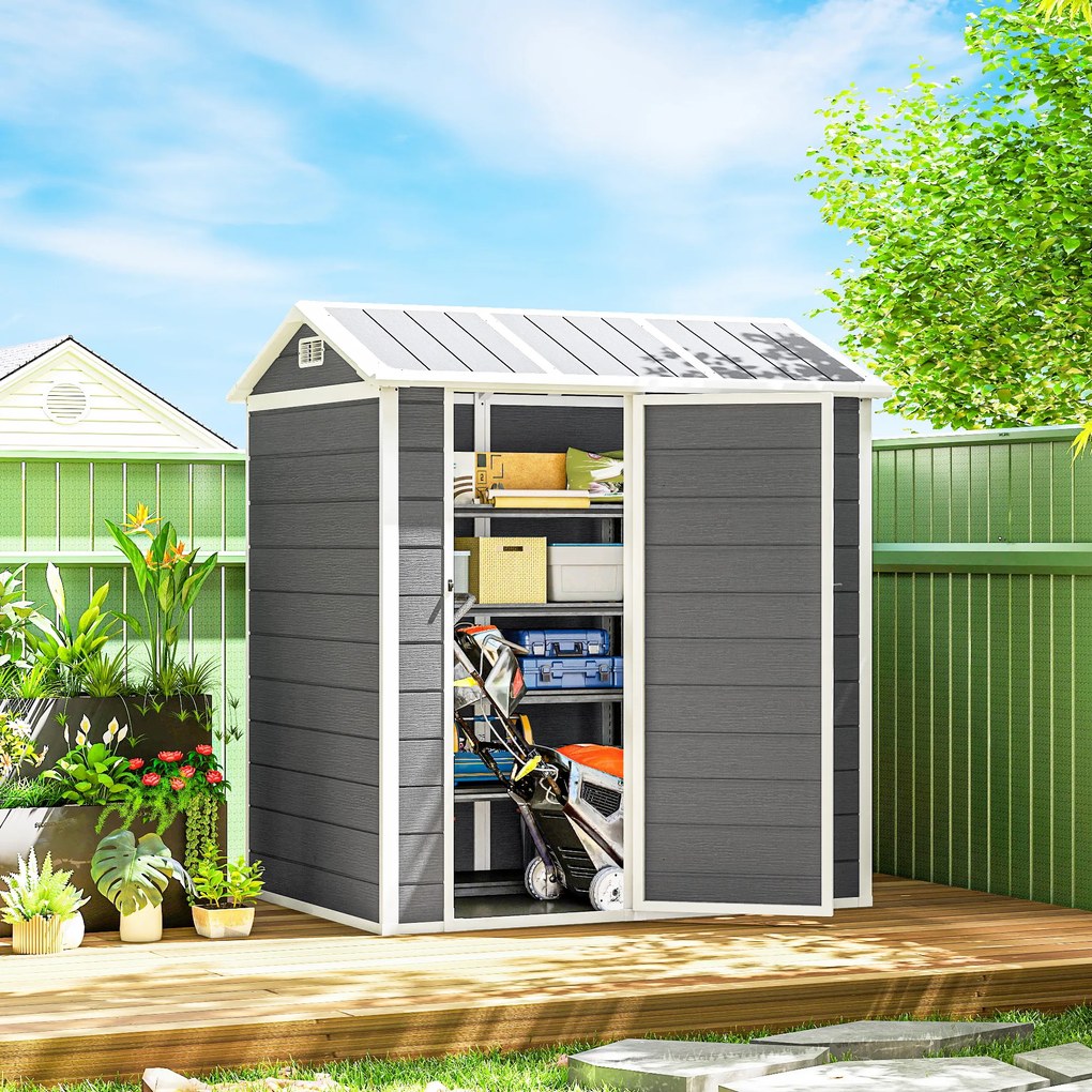 Outsunny Plastový Kůlna na Nástroje 2,1m² 186 x 130 x 199cm Zahradní Kůlna s Šikmou Střechou, Podlahou, Okénkem, Zámkem a Odolností proti Počasí pro …