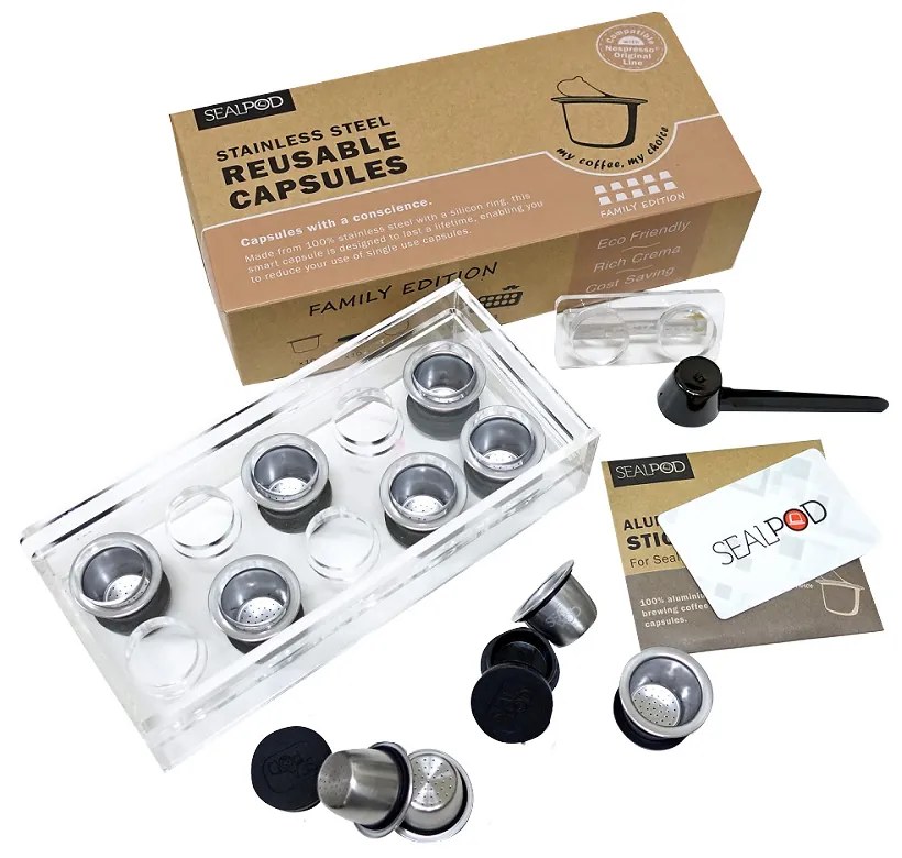10x plnitelná kapsle SEALPOD  pro Nespresso ® + 100 víček + plníci stanice
