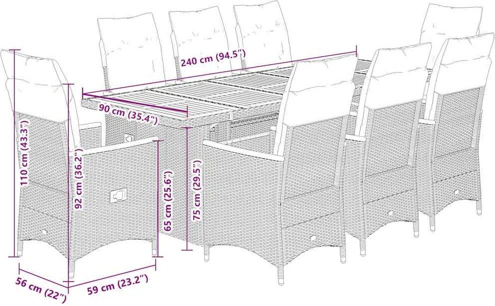 9dílný zahradní bistro set s poduškami černý polyratan 3277267