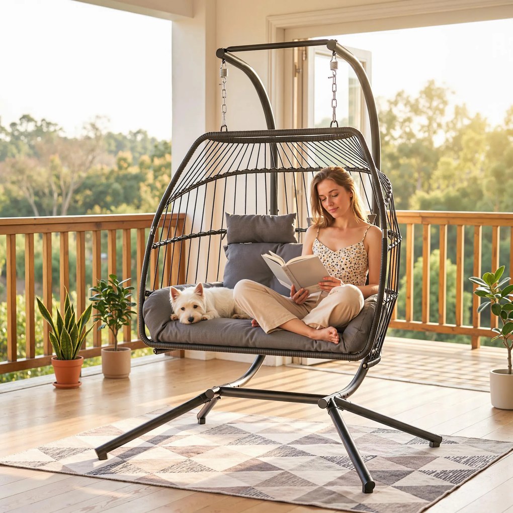 Outsunny závěsné křeslo s skládacím stojanem, závěsný košík s polštářem, ergonomické houpací křeslo z poly ratanového materiálu pro 2 osoby, závěsné …