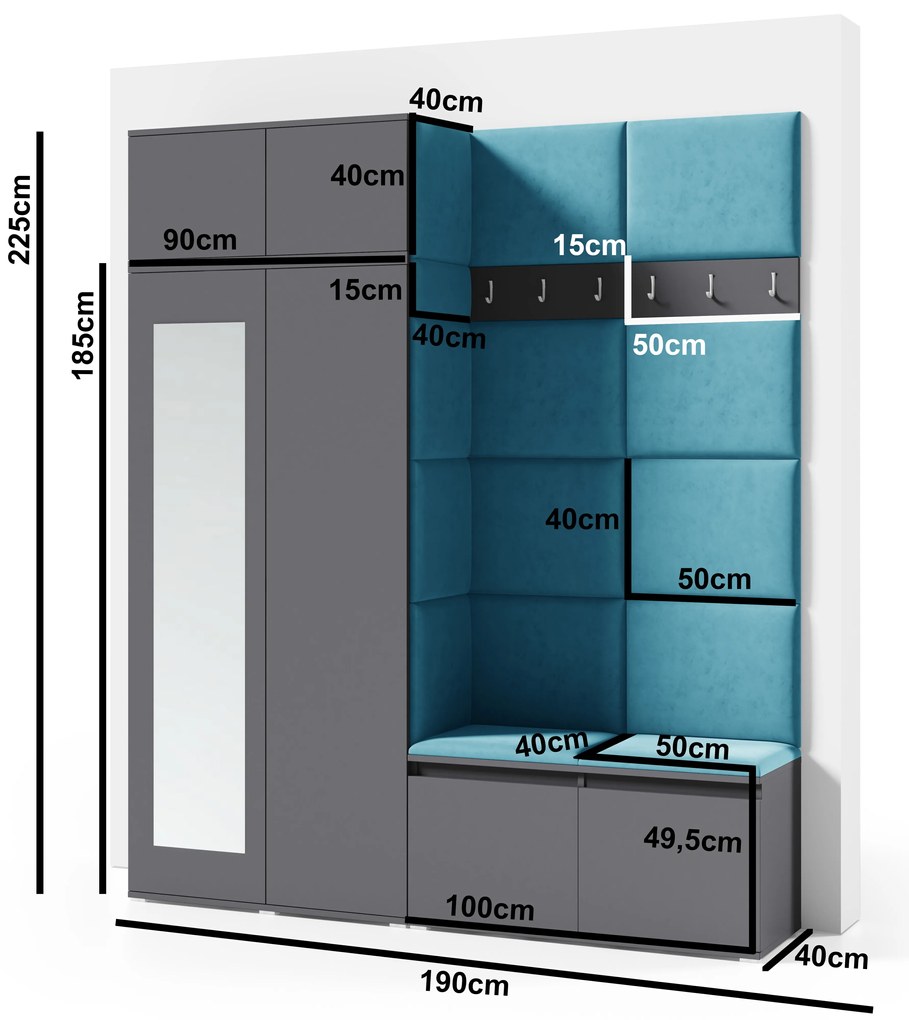 Eka Předsíňová stěna s čalouněnými panely Trinity 19 - Grafit / Hořčicová 2326