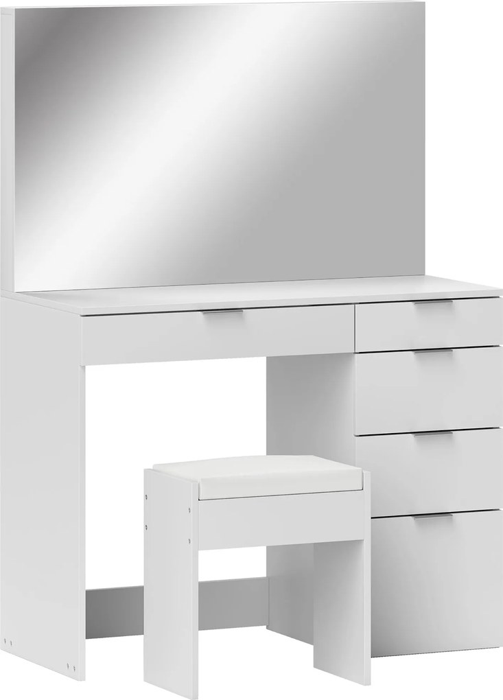 HOMCOM Set toaletního stolku s zrcadlem a 5 zásuvkami 97,2x44,5x136,5 cm a polstrovaným make-upovým stoličkem 40x24x46 cm, bílý | Aosom