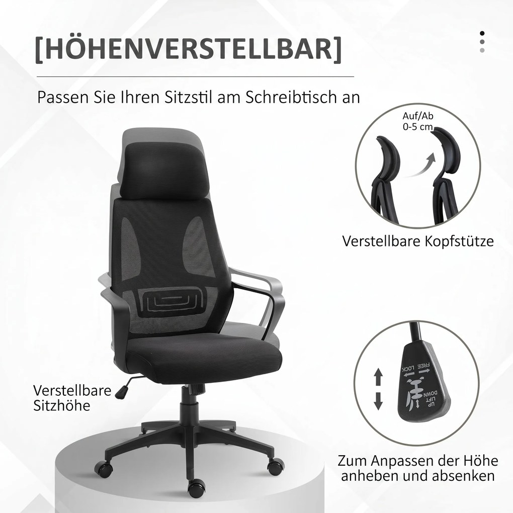 Vinsetto kancelářská židle s nastavitelným opěradlem, područkami, hlavovou opěrkou, kolečky a houpací funkcí, nosnost 120 kg, 64x55x116-126 cm, černá