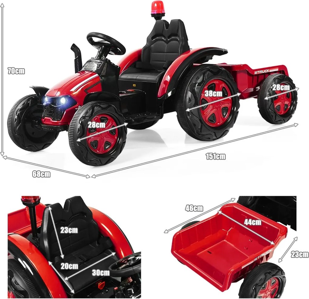 Costway Traktor 12 V dětský pojízdný traktor s odnímatelným přívěsem, červený