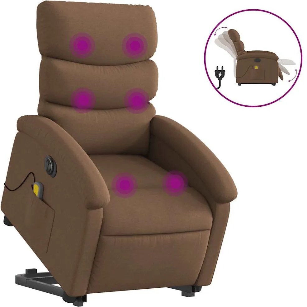 Elektrické zvedací masážní polohovací křeslo hnědé textil 3204018
