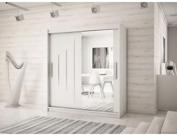 Elegantní šatní skříň se zrcadlovými dveřmi Hanah 200 v barvě bílé