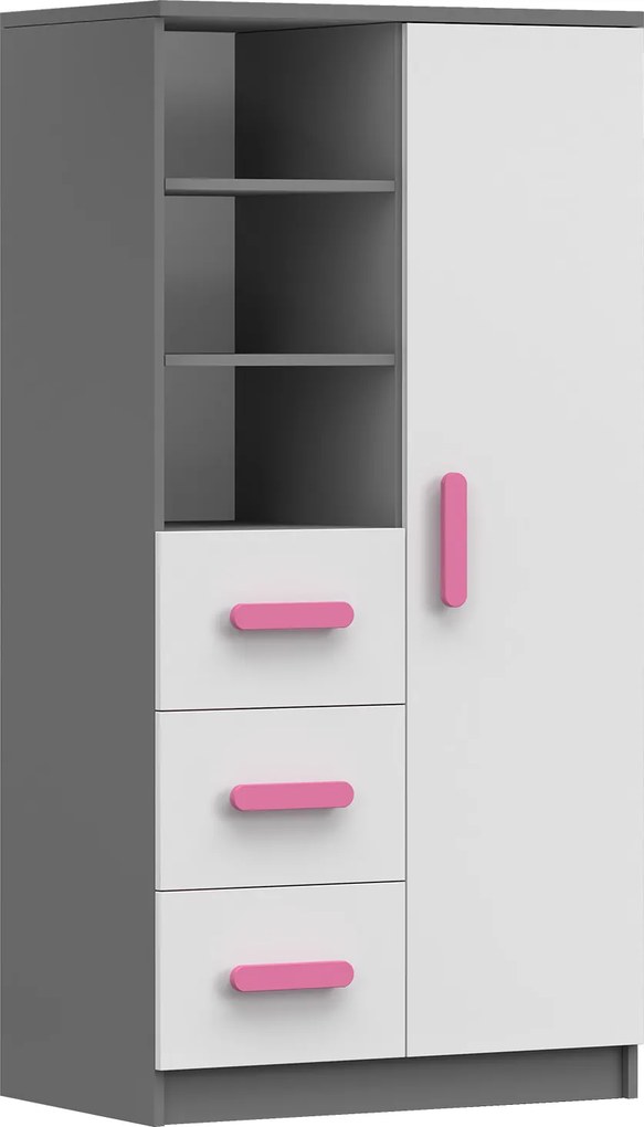 IDZ Knihovna SMYK II 3S1D 05, 80 cm Bílá + Grafit / Barevné úchytky Barva: Růžová