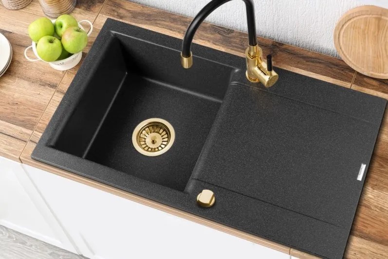Invena Tesalia, 1-komorový granitový dřez s odkapávačem 760x440x160 mm a kuchyňskou baterií Glamour s flexibilním ramenem + zlatý automatický sifon, INV-AZ-01-Z43-SET