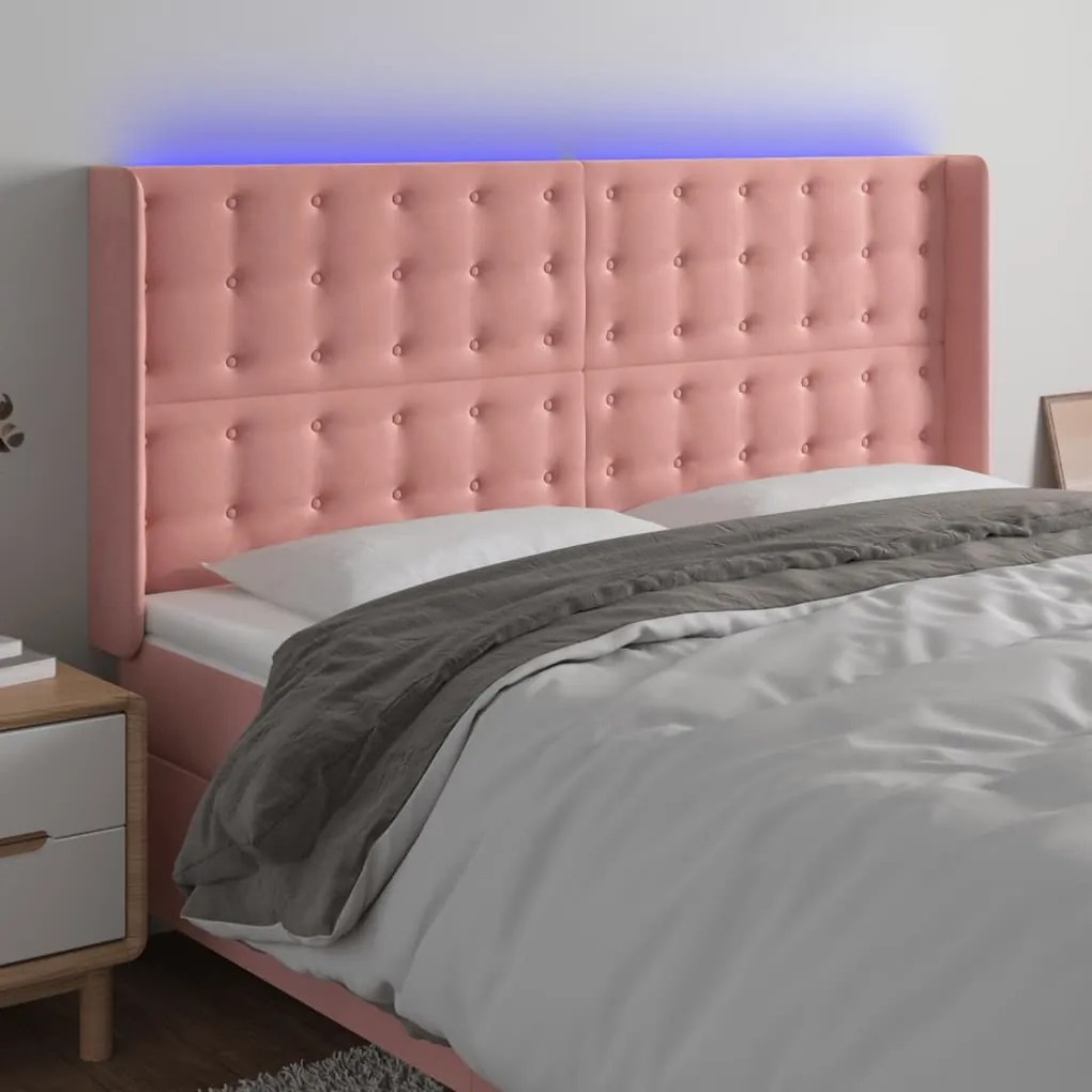 Čelo postele s LED růžové 163 x 16 x 118/128 cm samet 3124541