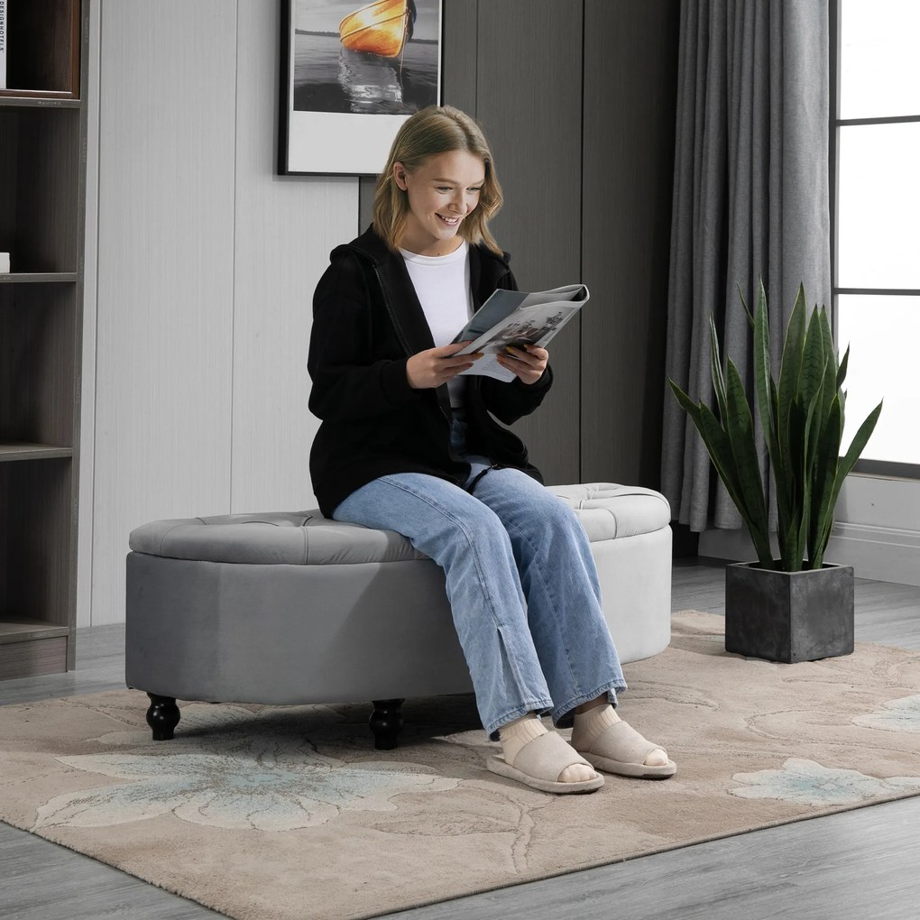 HOMCOM Lavice Úložný box Stolička Úložný box Podnožka Velvet-Touch Rubberwood Grey Ložnice
