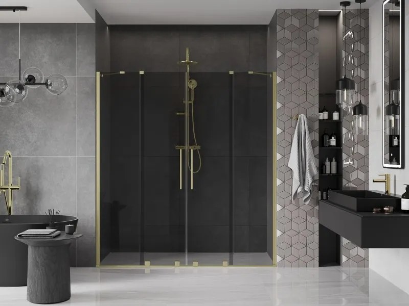 Mexen Velar Duo, posuvné sprchové dveře do otvoru 200 cm, 8mm šedé sklo, zlatá matná, 871-200-000-42-55