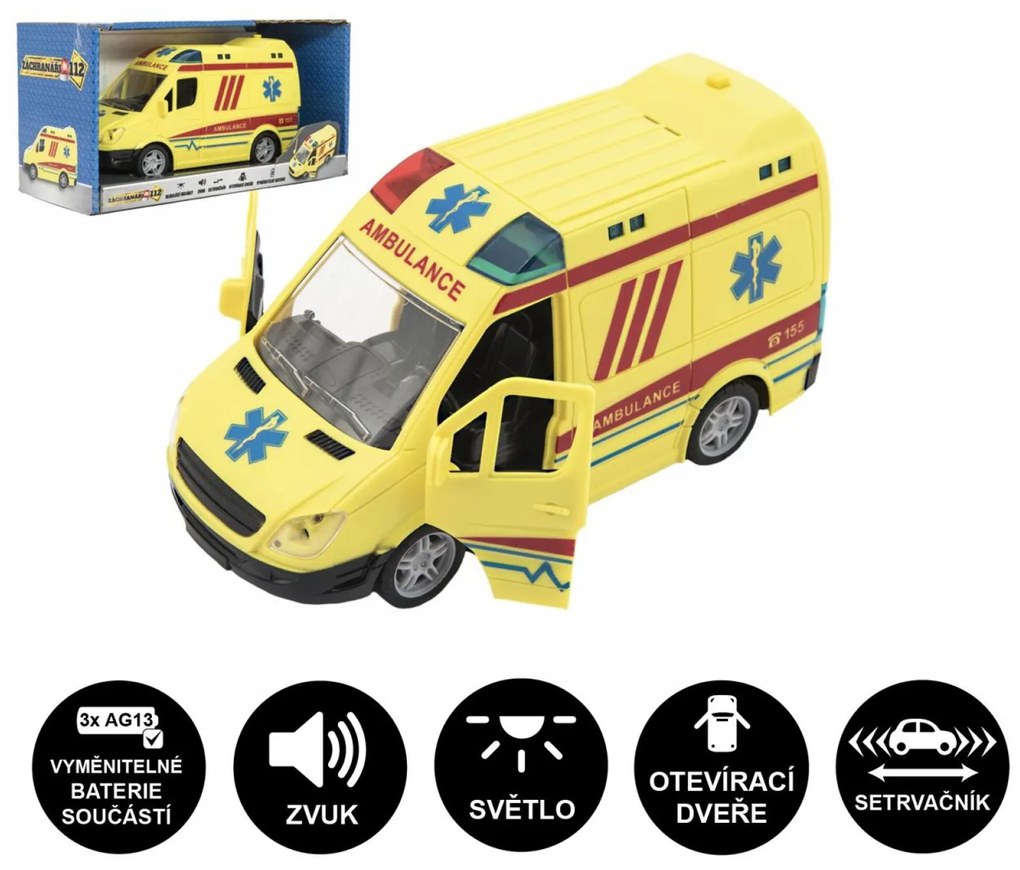 Auto ambulance plast 20cm na setrvačník na baterie se zvukem se světlem v krabici 26x15x12cm