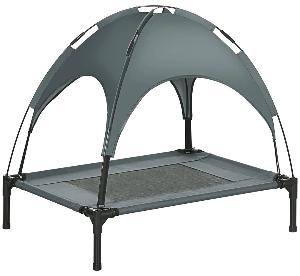 PawHut lehátko pro psy se stříškou, vyvýšené, prodyšné lehátko z taftové tkaniny v šedé barvě 76x61x73cm pro pohodlnou péči o domácí mazlíčky | Aosom…