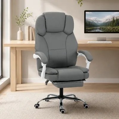 HOMCOM ergonomická kancelářská židle, naklápěcí kancelářské křeslo s domácím a přátelským umělým kůží, výškově nastavitelná, šedá