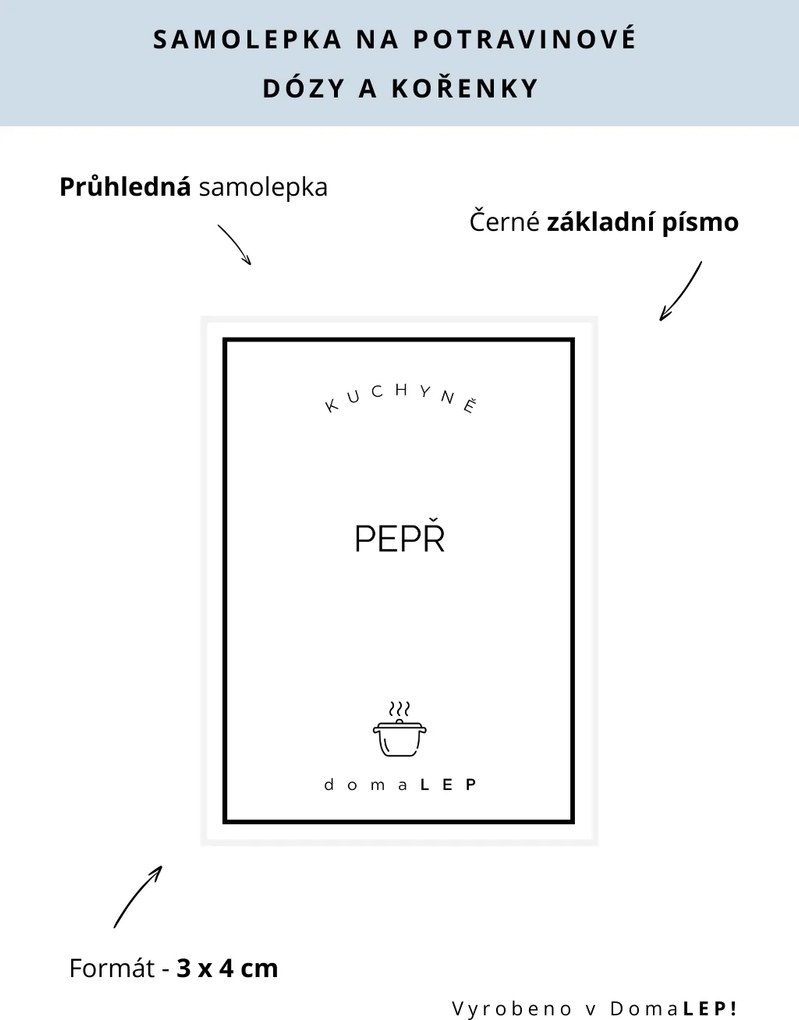 Samolepka na kořenky PEPŘ průhledná 3 × 4 cm základní písmo