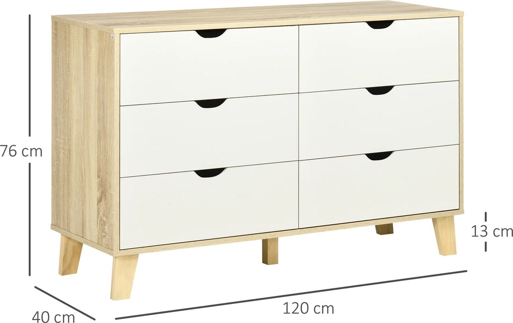 HOMCOM 6 zásuvková komoda v severském stylu s dřevěnými nohami, úložná jednotka pro ložnici a obývací pokoj, 120 x 40 x 76 cm, dřevo a bílá