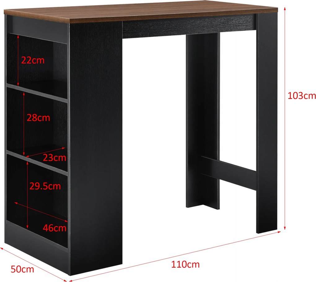 Barový stůl Kouvola se 3 přihrádkami 110x50x103 cm černý/ořech