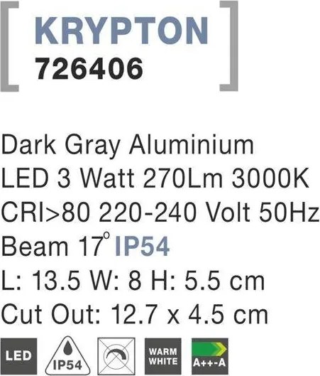 NV 726406 Venkovní zapuštěné svítidlo do zdi KRYPTON tmavě šedý hliník LED 3W 3000K 220-240V 17st. IP54 - NOVA LUCE