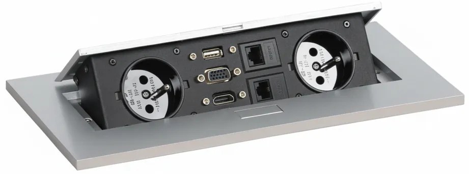 Zásuvkový box TYP VI - výklopný, 2x zásuvka, VGA, HDMI, USB DATA, 2x RJ45 port, stříbrná