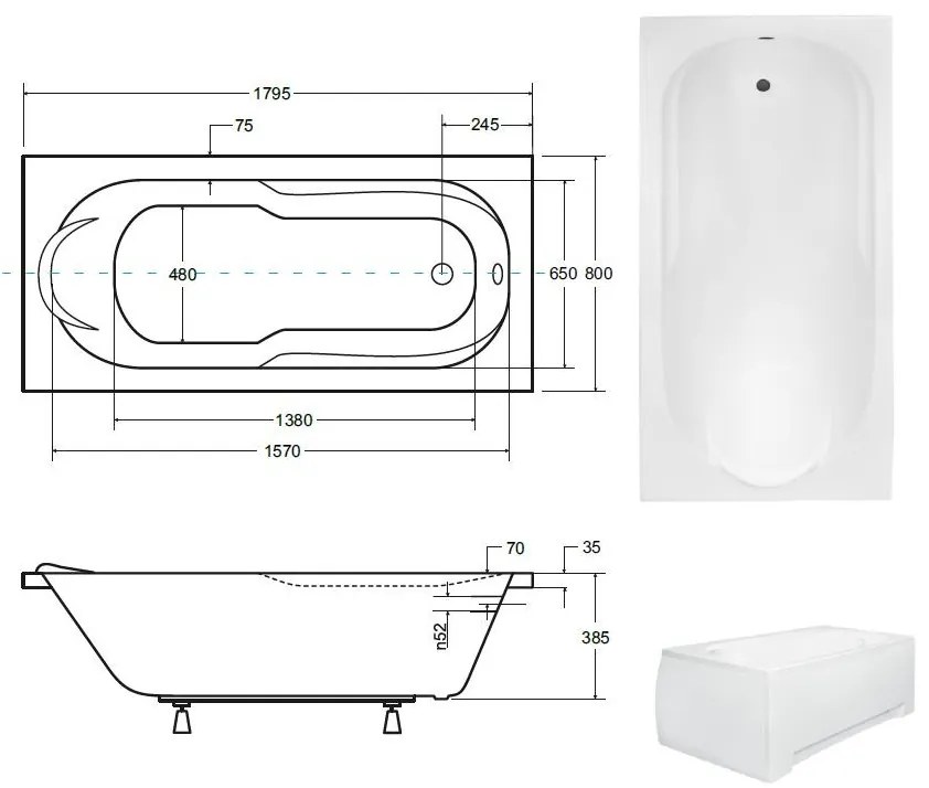 BESCO Obdélníková vana VINDOBONA Nožičky k vaně - S nožičkami, Rozměr vany - 180 × 80 cm - OLVVIN18+OLVPINOZ