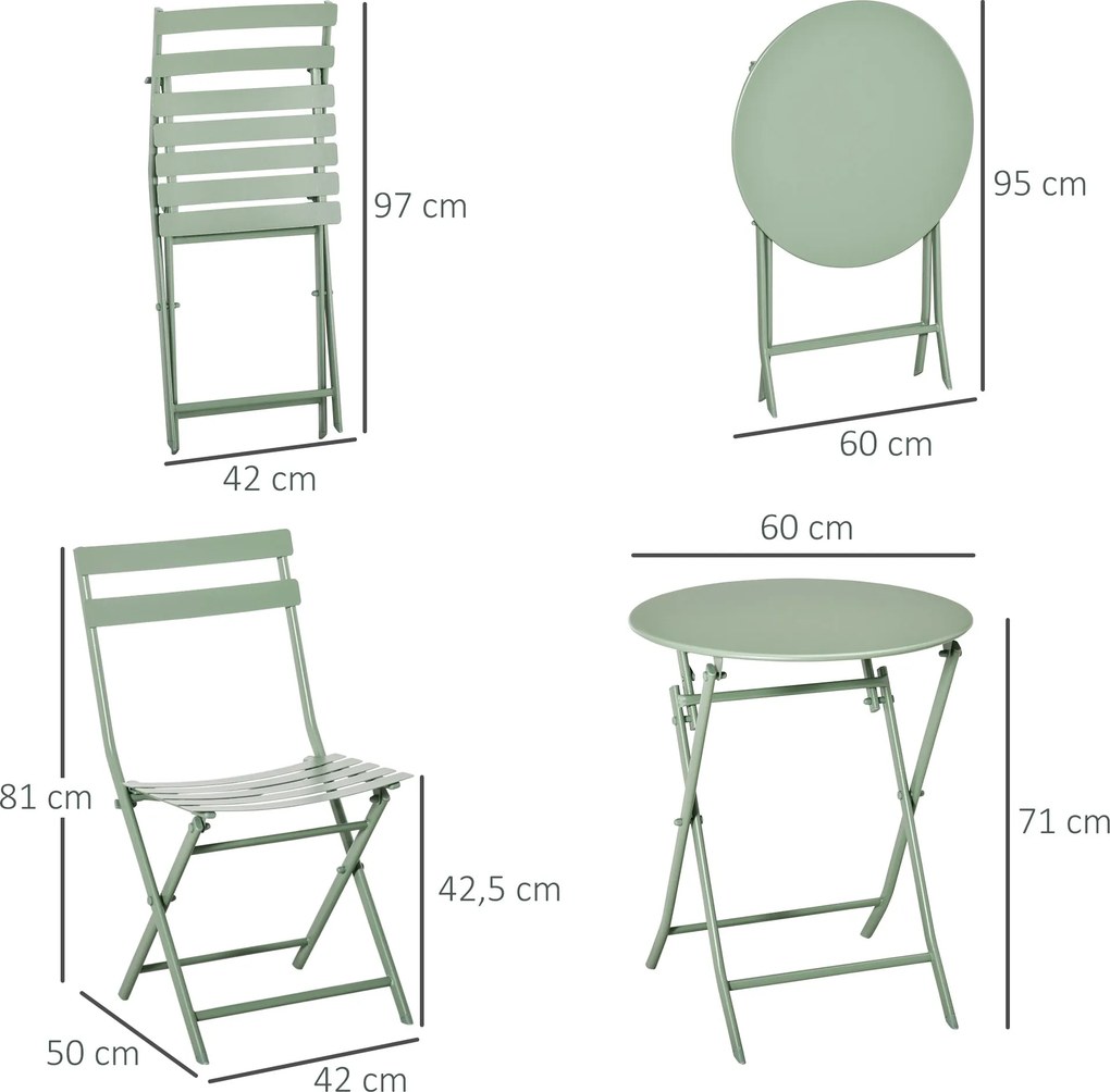 Sada skládacího zahradního nábytku Outsunny: 1 kulatý stůl a 2 terasové židle s ocelovým rámem a opěrkou pro balkon a patio, tmavě zelená