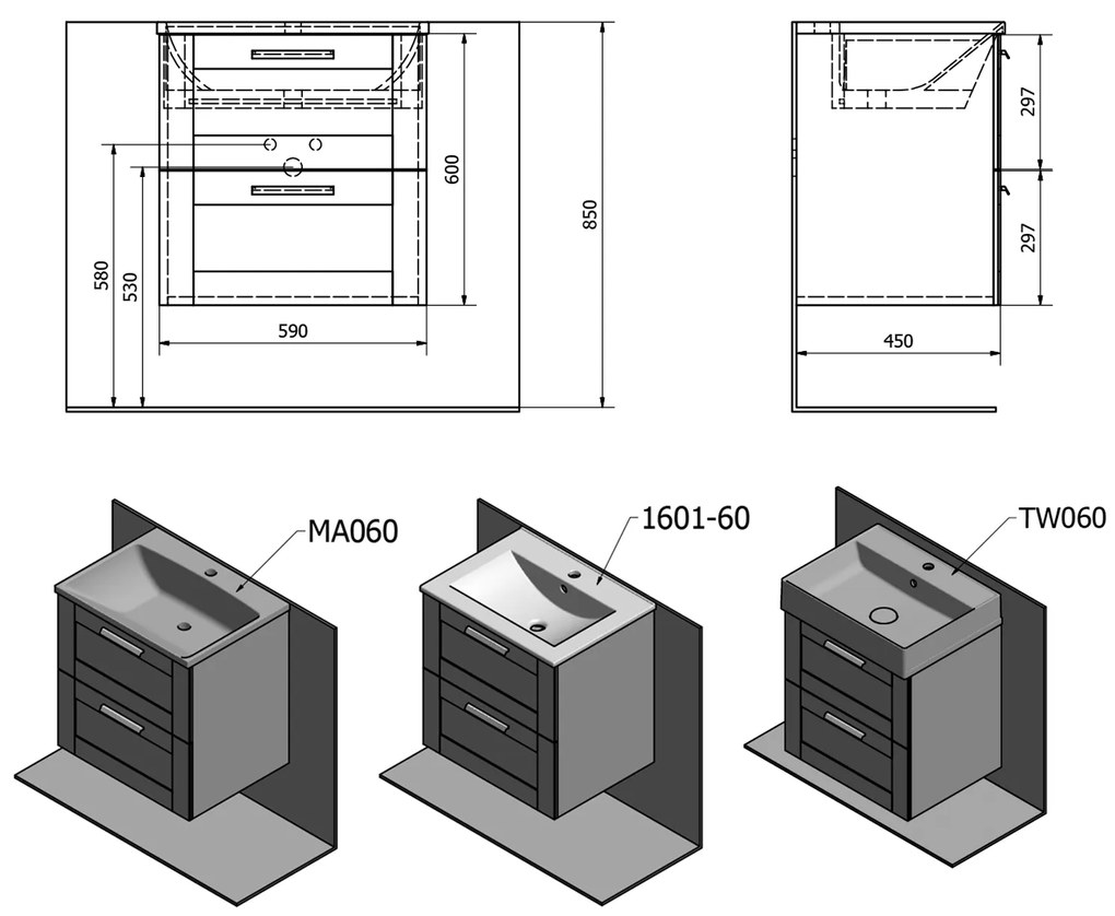 Sapho AMIA umyvadlová skříňka 59x60x45cm, dub Collingwood, AM060-1919