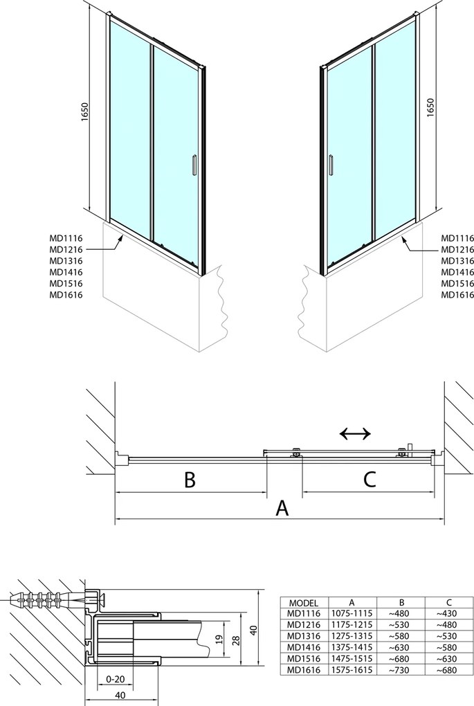 Polysan, DEEP sprchové dveře 1100x1650mm, čiré sklo, MD1116