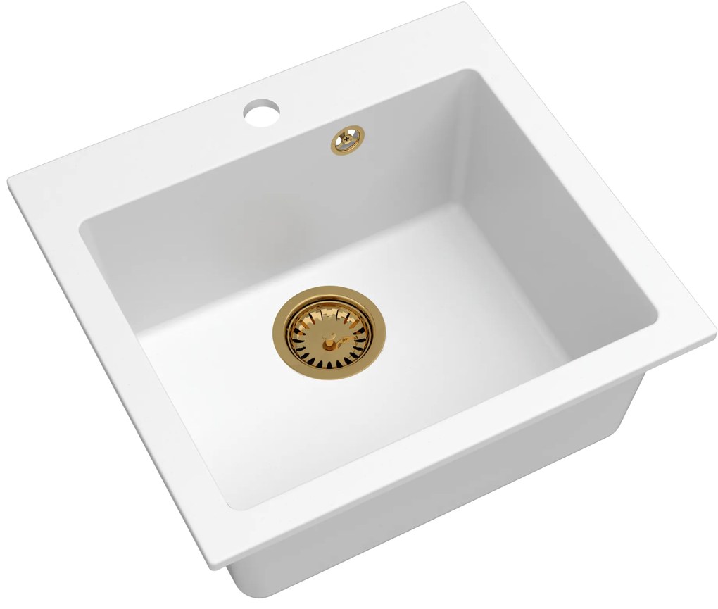 Sink Quality Ferrum 50, kuchyňský granitový dřez 490x450x195 mm + zlatý sifon, bílá, SKQ-FER.W.1K50.XG