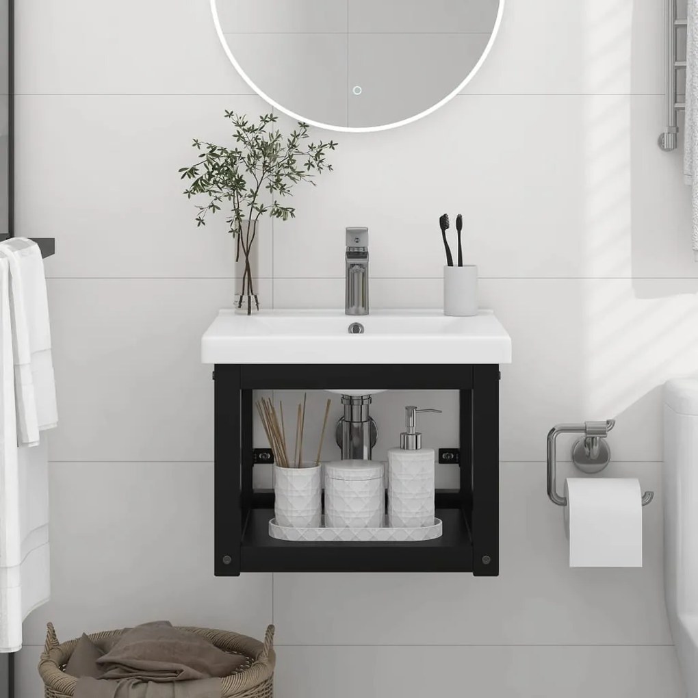 Nástěnný koupelnový regál pod umyvadlo černý 40x38x31 cm železo 338493