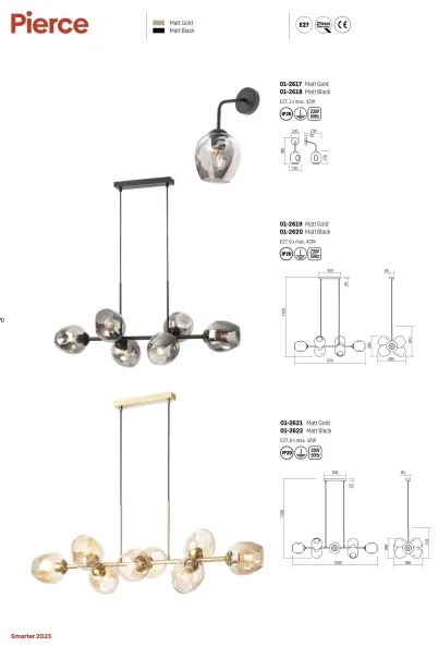 Redo 01-2619 - Lustr na lanku PIERCE 6xE27/42W/230V zlatá/kouřová