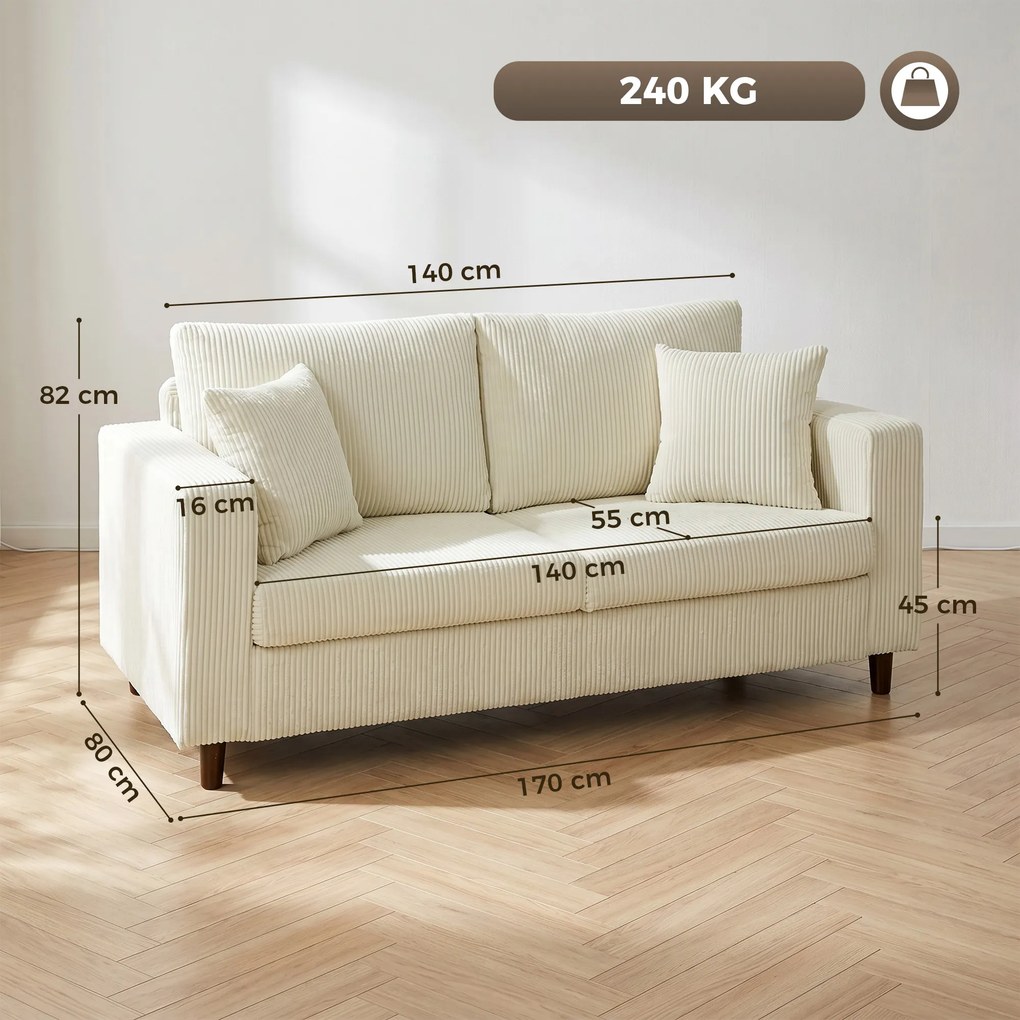 HOMCOM 2místná pohovka z žebrovaného veluru, moderní obývací pohovka 170 cm, široké sedadlo, polštáře s kapsovými pružinami, krémová