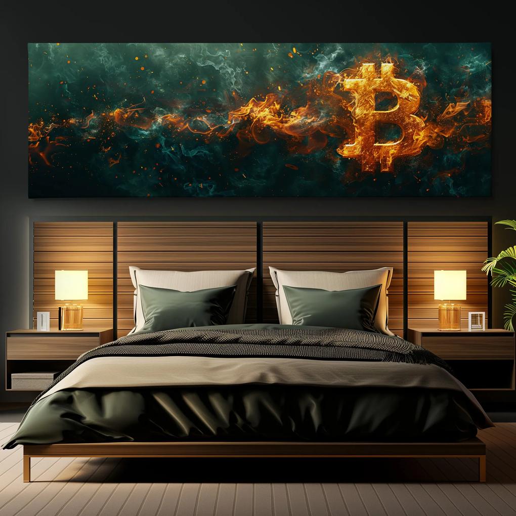 Obraz na plátně - Bitcoin in Fire Emerald FeelHappy.cz Velikost obrazu: 180 x 60 cm