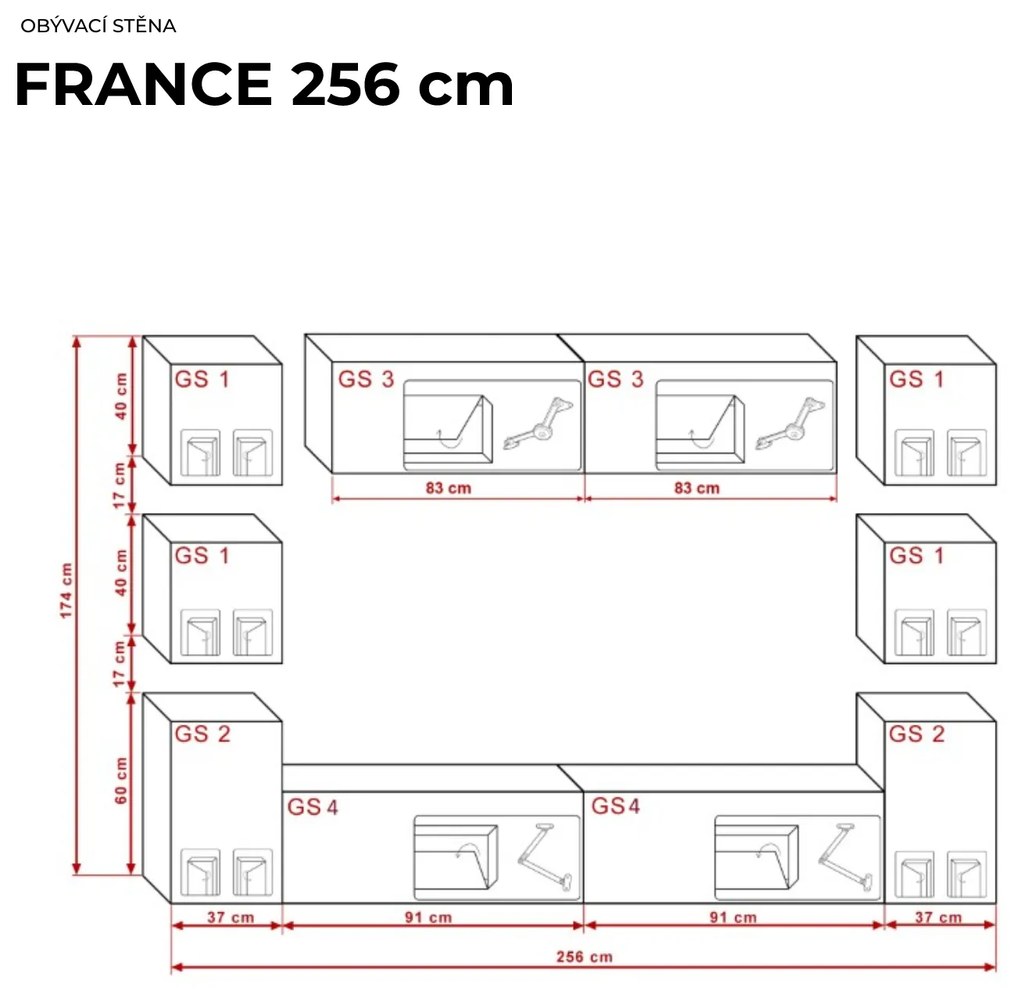 Ral Obývací stěna FRANCE 4, 256 cm - Černo-bílý lesk