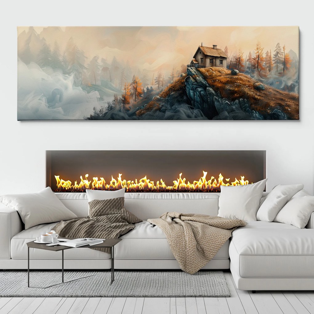 Obraz na plátně - Starý dům v mlžných skalách FeelHappy.cz Velikost obrazu: 240 x 80 cm