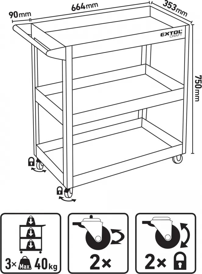 Vozík policový, 3police, max 120kg