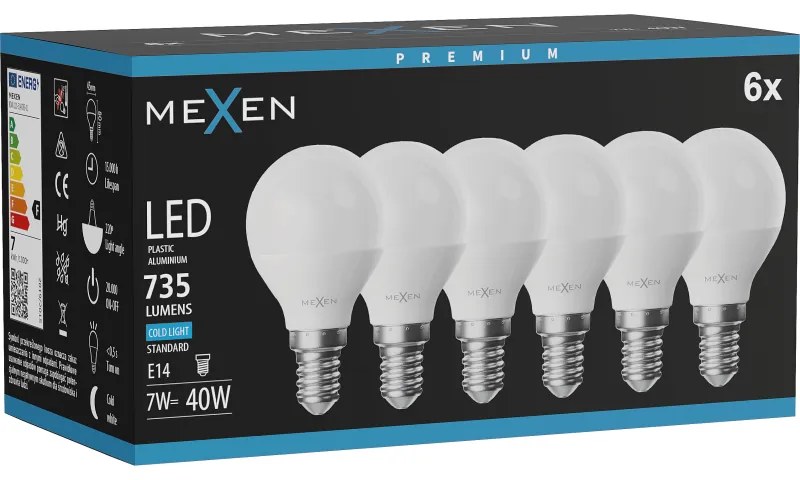 Mexen Nova 6x LED žárovka E14, G45, 7W, Studená - 6500K, 735 lm - L101-E14-0765-01x06