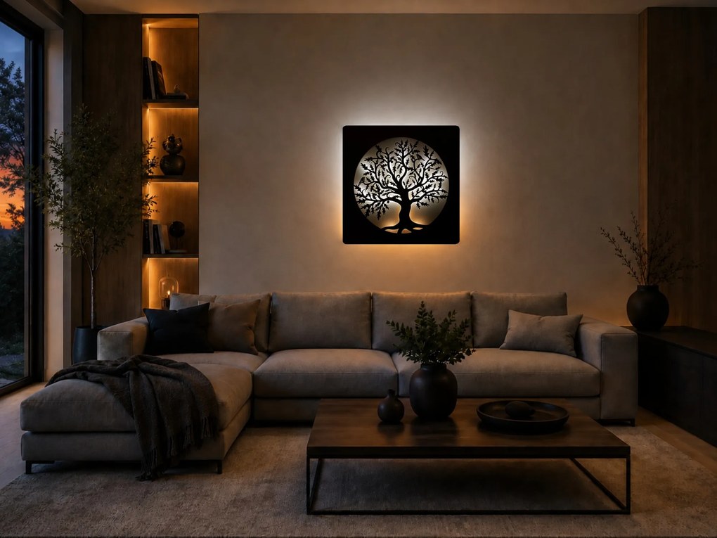 Li-Go "Dub v kruhu" světelný obraz s baterií a pohybovým čidlem 70x70 cm provedení povrchu: dub