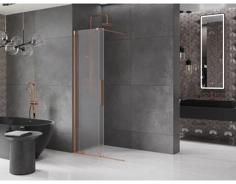 Mexen Velar, sprchová zástěna s posuvnými dveřmi Walk-in 90 x 200 cm, 8mm sklo námraza, měděná matná, 871-090-000-33-65