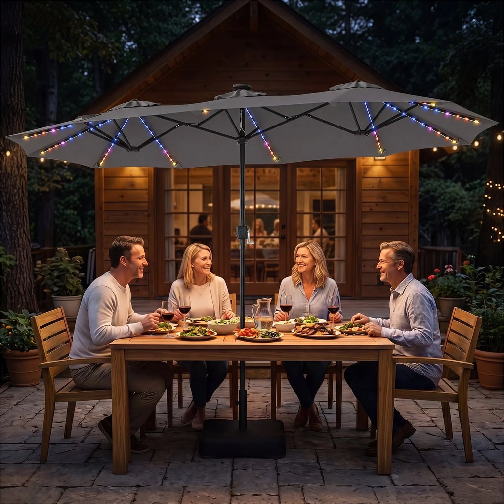Costway Dvojitý slunečník s klikou a stojanem s 108 LED světle – 370 × 200 cm